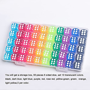 50 Pieces Colored Dice, 6 Sided Dice for Board Games, 14mm Bulk Dice for Math Learning, Dice for Classroom