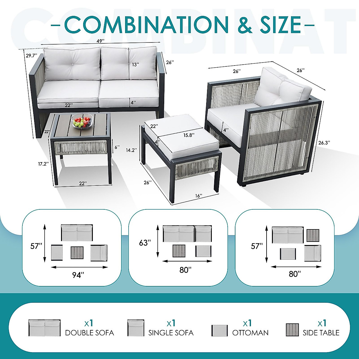 NICESOUL Modern Patio Furniture Set, 4 Seats Outdoor Sectional Sofa Set with Side Tables Footrest All-Weather Dual-Layer PE Rope Rattan Iron Frame 4" Thick Cushion Chairs Conversation Set Grey