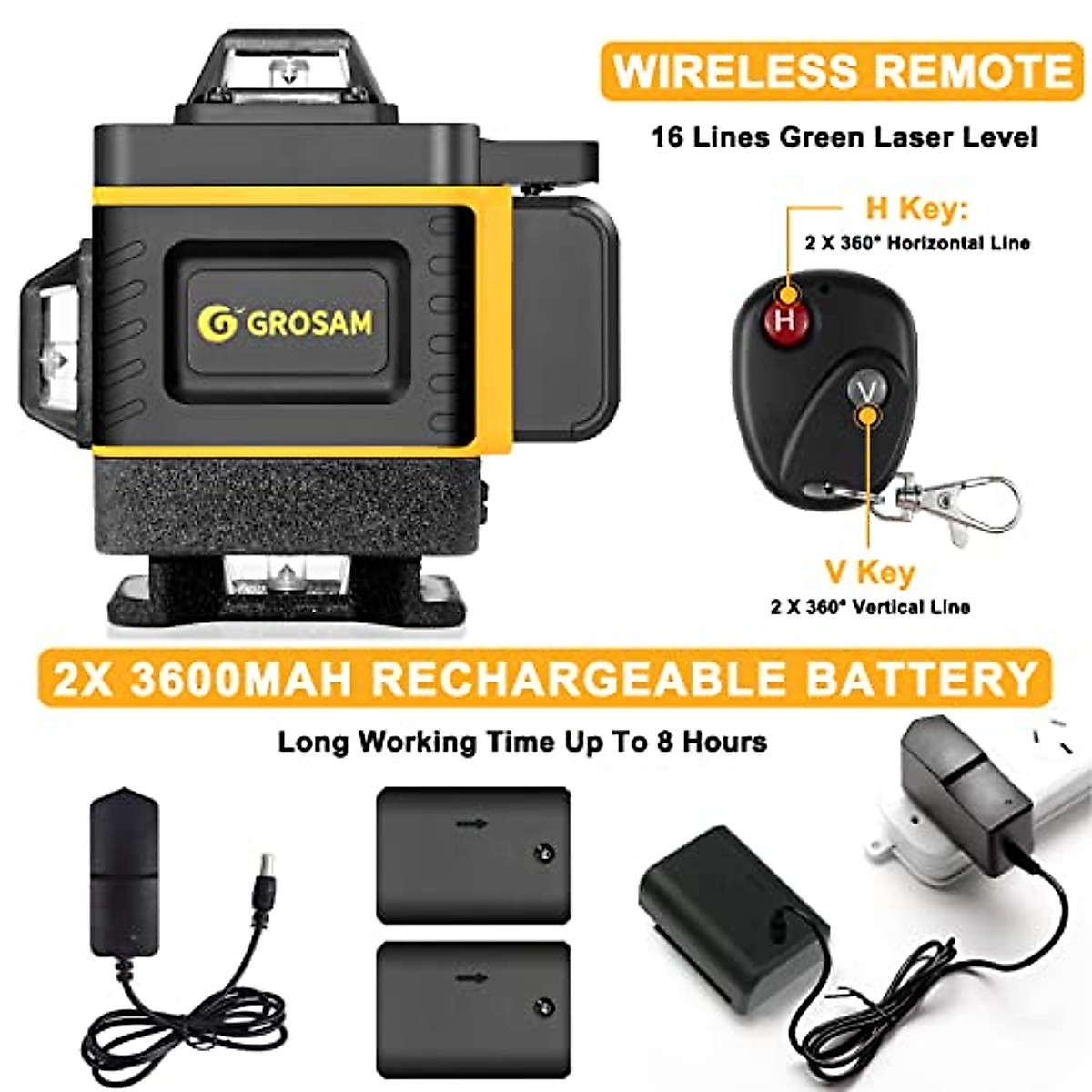 GROSAM Laser Level, 16-line Green Laser Level For Self-leveling Of Buildings And Picture Hangings, Two 360° Vertical Lines And Two 360° Horizontal Lines With Battery Power Detection
