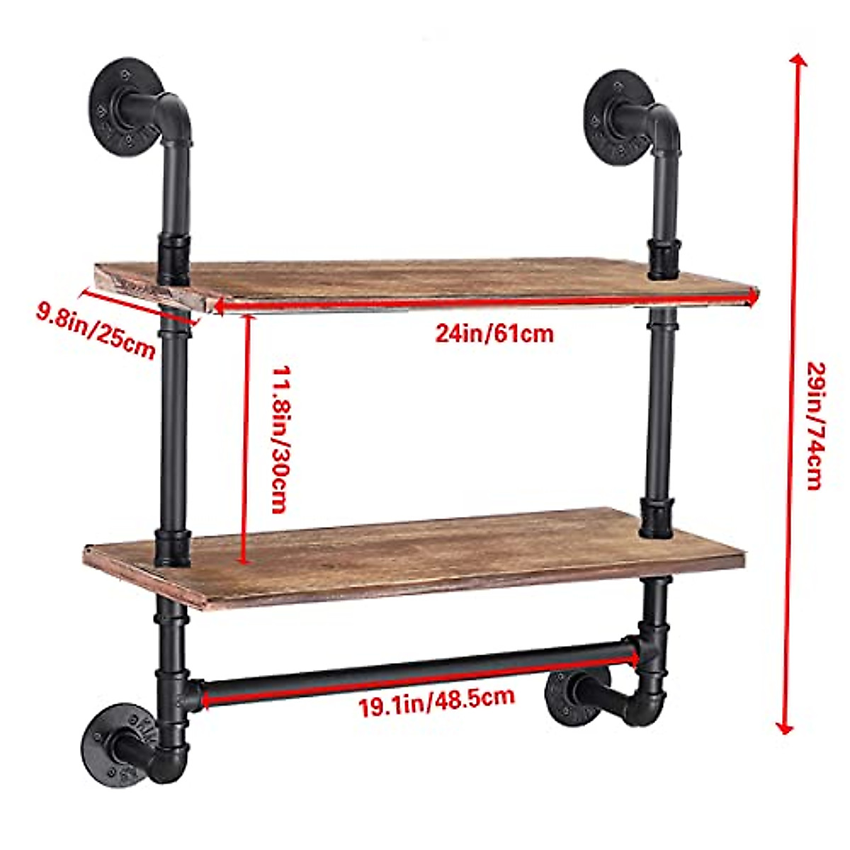 Lohfgf Industrial Pipe Shelf,2 Tiered Metal Towel Racks for Bathroom,24inch Industrial Pipe Floating Shelves Shelving,Rustic Wood Wall Mount Shelf with Towel Bar,Iron Towel Holder