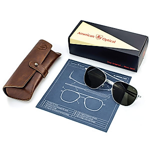 AO Original Pilot Sunglasses - Matte Silver - Calobar Green SkyMaster Glass Lenses - Bayonet Temple - Polarized - 55-20-140