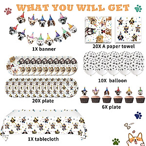 Dog Birthday Party Supplies Serves 20, Puppy Party Decorations Dog Party Plates Banner Napkins Paws Balloons Table Cover and Cake Topper for Doggy Kids Dog Party Decorations