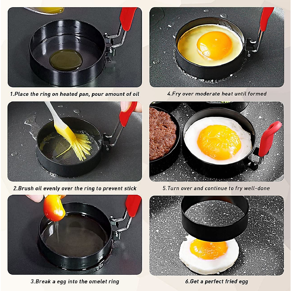 JANNO 6PCS Pancake Mold, Egg Ring, Nonstick Black Coated Metal Cooking Rings with Silicone Anti-scald Handle for Griddle, DIY Sandwich Eggs, English Muffin, Pancakes, Burger, Breakfast