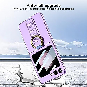 DEMCERT for Samsung Galaxy Z Flip 5 Case with Wrist Band Ring, Ultra Thin Hard PC Back 9H Glass Camera Lens Protector Shockproof Cover for Samsung Galaxy Z Flip 5 5G (Purple)