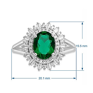 Jewelili Sterling Silver 9x7 MM Oval Cut Simulated Emerald and Tapper Baguette and Round Created White Sapphire Halo Engagement Ring, Size 7