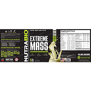 NutraBio Extreme Mass - 53G Protein - Advanced Anabolic Muscle Mass Gainer Protein - High Calorie - Full Spectrum Amino Acid - Vanilla, 6 Pound
