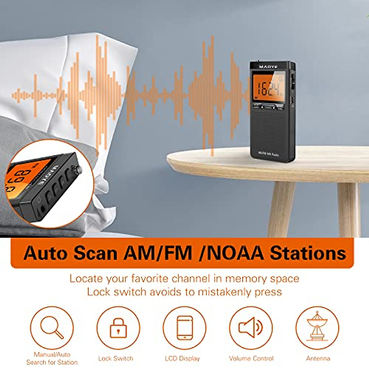 Maoye AM/FM Weather Alert Radio Portable Transistor NOAA Radio with Best Reception Operated by 2 AAA Batteries Big Digital Screen Stereo Earphone Jack Time Setting Pocket Radio (Black)