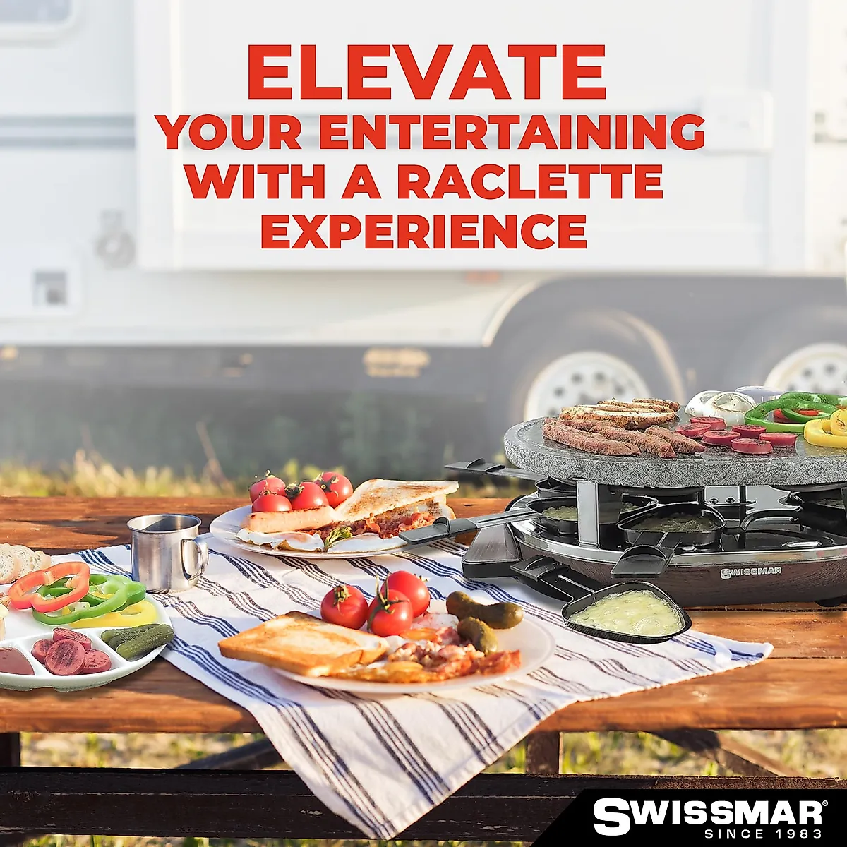 Swissmar 8-Person Raclette Party Grill with Granite Stone Top & Faux Wood Base - Electric Indoor Grill for Versatile Cooking - Includes Raclette Dishes & Spatulas, Ideal for Entertaining & Gifting