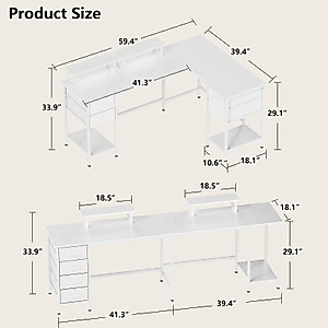 Korfile L Shaped Computer Desk with Power Outlets, Home Office Desk with 4 Adjustable Storage Drawers, Corner Desk with 2 Monitor Stands, Two Person Gaming Desk for Bedroom, 59 inch, White