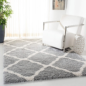 SAFAVIEH Fontana Shag Collection 4' x 6' Grey / Cream FNT821G Trellis Non-Shedding Living Room Bedroom Dining Room Entryway Plush 2-inch Thick Area Rug