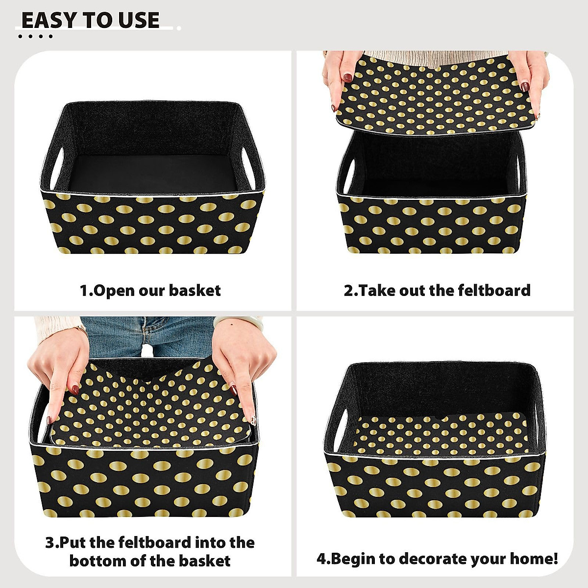 Gold Polka Dot Black Foldable Basket Rectangle Storage Bin Decorative Organizing Baskets for Shelves and Closet, Set of 2