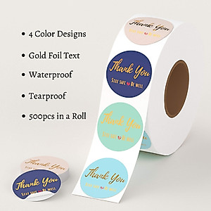 Mobiusea Party Thank You Stickers Roll | Stay Safe and Be Well | 1.5 inch | Waterproof | 500 Labels for Small Business, Packaging, Mailer Seal Stickers |4 Pastel Colors with Gold Foil Designs