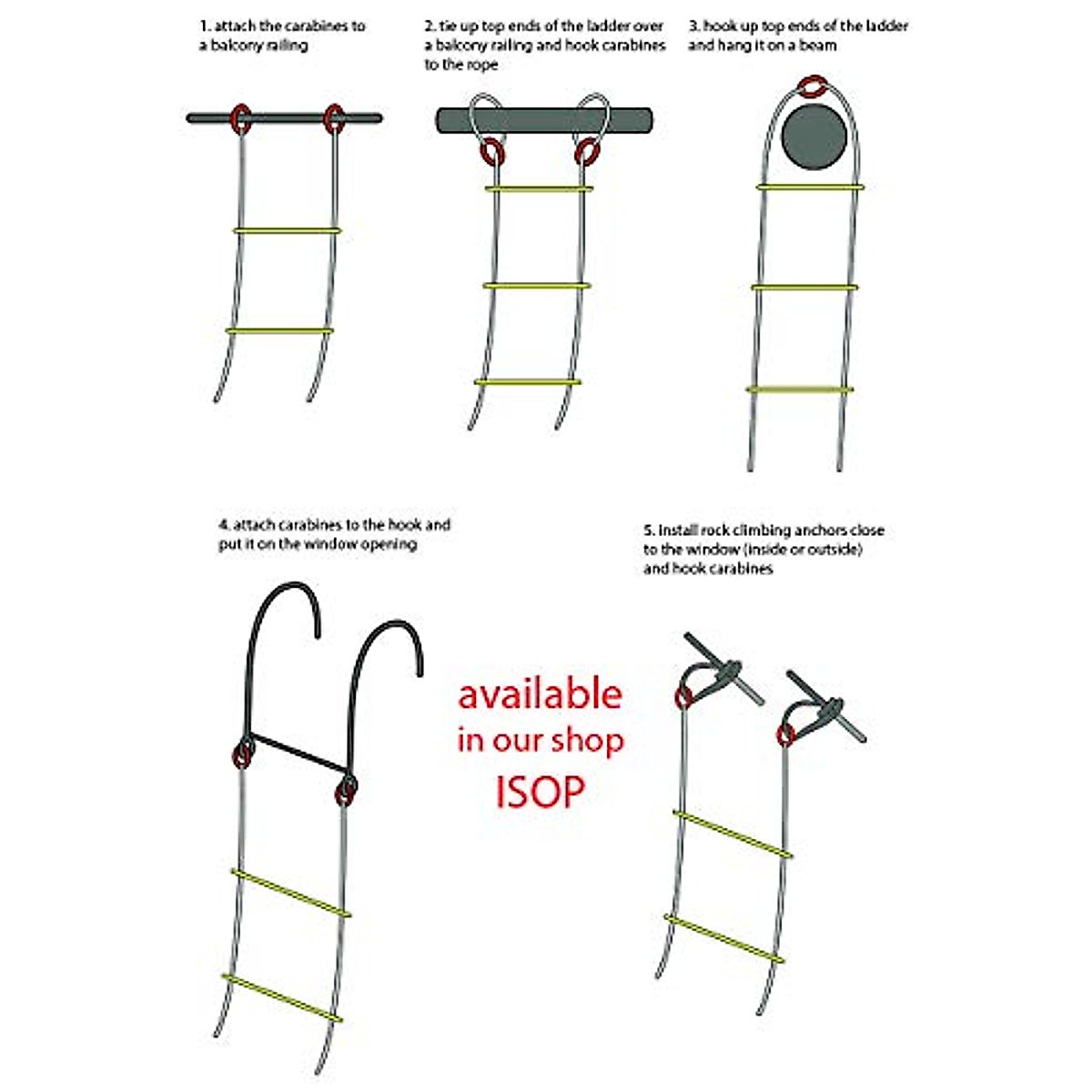 ISOP Emergency Fire Escape Rope Ladder 4 Story Homes 32 ft Innovative Solution - Unique Safety Ladder with Carabiners & Safety Cord & Safety Belt - Fast Deploy & Simple to Use - Compact & Reusable