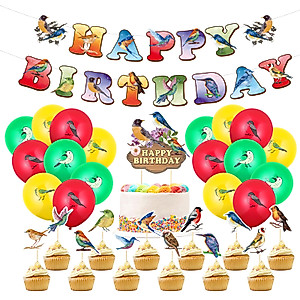 Harloon 32 Pcs Bird Birthday Decoration, Happy Birthday Banner Cake Toppers Hawaiian Balloons Bird Party Decorations for Birthday Wedding Baby Shower Tiki Bar Luau Tropical Themed Supplies