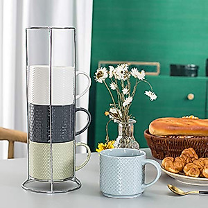 Hasense Stackable Porcelain Coffee Mugs Set of 4 with Metal Stand, 15 Ounce Embossed Cappuccino Cups for Specialty Coffee Drinks and Tea, Multi Color