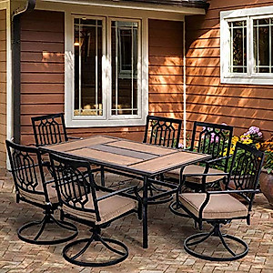 PHI VILLA 7-Piece Outdoor Furniture Dining Set, 1 Rectangle 60"x 37" Large Umbrella Table, 6 Swivel Chairs Furniture Set for Outdoor Garden Lawn Pool Metal Frame Easy to Care Weather Resistant