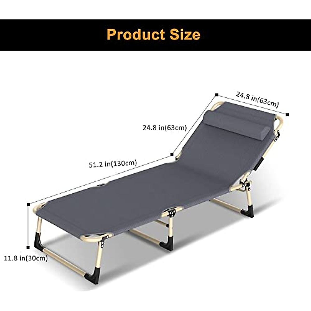 tiyiawi Patio Lounge Chair, 4-Fold Portable Camping Folding Tanning Chair Lightweight Portable Sunbathing Recliner for Outdoor, Lawn, Patio, Beach, Sunbathing, Tanning, Deck with Pillow