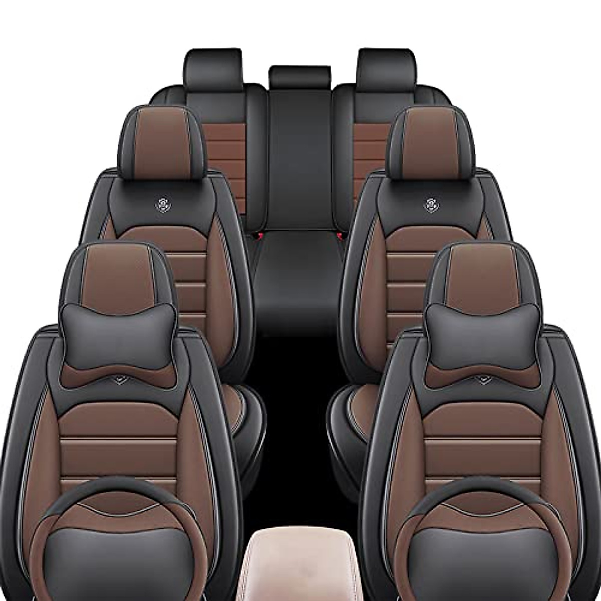 JOJ Car Seat Covers Fit for ford Excursion 2000-2005,8 Seat Car Seat Cover,No-Slip Waterproof Breathable Faux Leather,Full Set with Pillow Steering Wheel Covers,Black Coffer