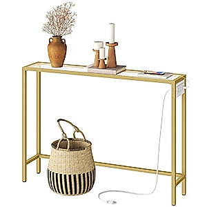 HOOBRO Gold Console Table, Tempered Glass Sofa Table, 39.4" Modern Entryway Table with USB Ports, for Entryway, Living Room, Foyer, Hallway GD01UXG01