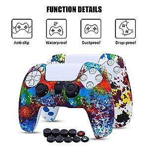 [2 Pack] Jusy Compatible with PS5 Controller Soft Silicone Skin, Sweat-Proof Dust-Proof Anti-Slip Case Cover Protective Accessories Set for PS5 DualSense Controller, with 10 Thumb Grips (Graffiti)