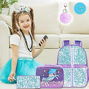 UFNDC 3PCS Unicorn Backpack, 16”Kids Sequin Bookbag for Girls with Lunch Box, School Bag for Elementary Toddler