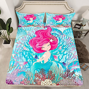 Mermaid Sheet Set Twin,Seaweed Coral Fish Scales Bedding Set for Kids Teens Girls,Underwater Marine Life Sea Blue Dreamy Bed Sheet Set 3pcs with Deep Pocket Fitted Sheet + Flat Sheet + 1 Pillowcase