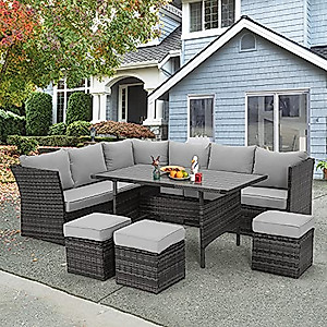 U-MAX 7 Piece Outdoor Patio Furniture Set, PE Rattan Wicker Sofa Set, Outdoor Sectional Furniture Set with Dining Table,Gray