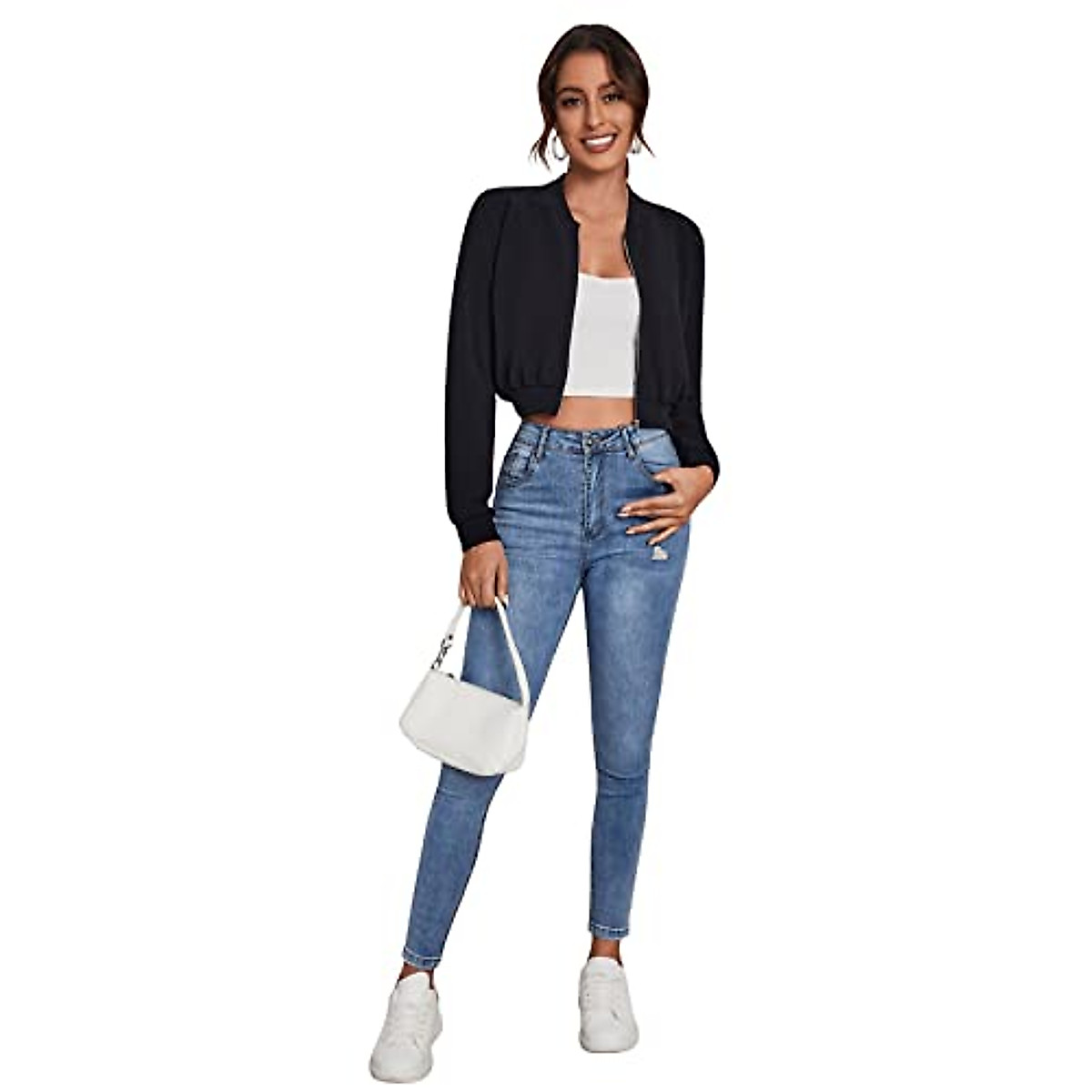 SweatyRocks Women's Casual Long Sleeve Solid Zip Up Coat Crop Bomber Jacket Black M