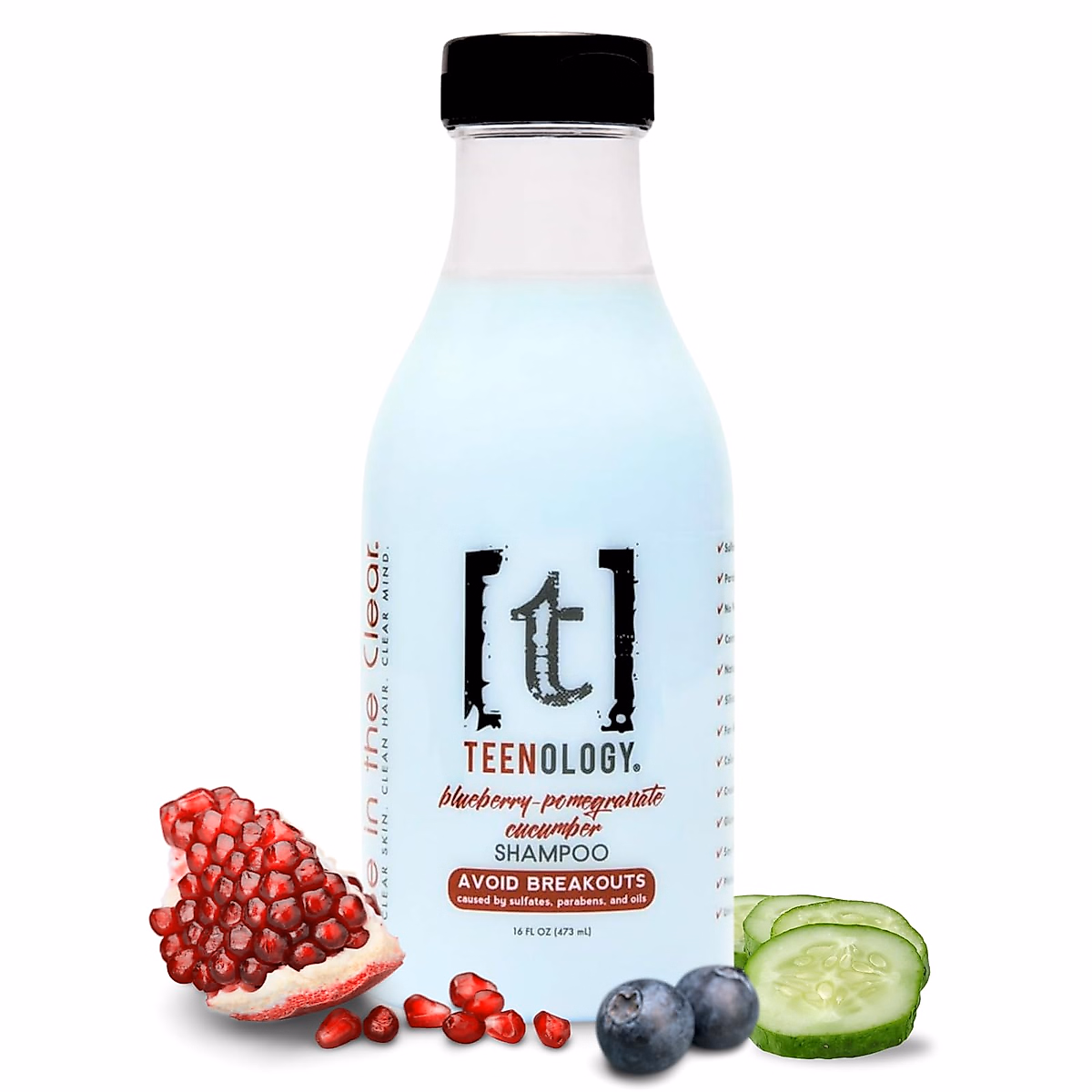 Teenology Shampoo for Teens - Avoid Forehead and Body Breakouts - No Sulfates or Parabens, Noncomedogenic, Natural Botanical Extracts, 16 oz. (Blueberry Pomegranate Cucumber)