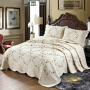 vctops 3-Piece Elegant Floral Embroidered Bedspread Coverlet Set 100% Cotton Reversible Patchwork 1 Quilt and 2 Pillow Shams Full/Queen, Flower