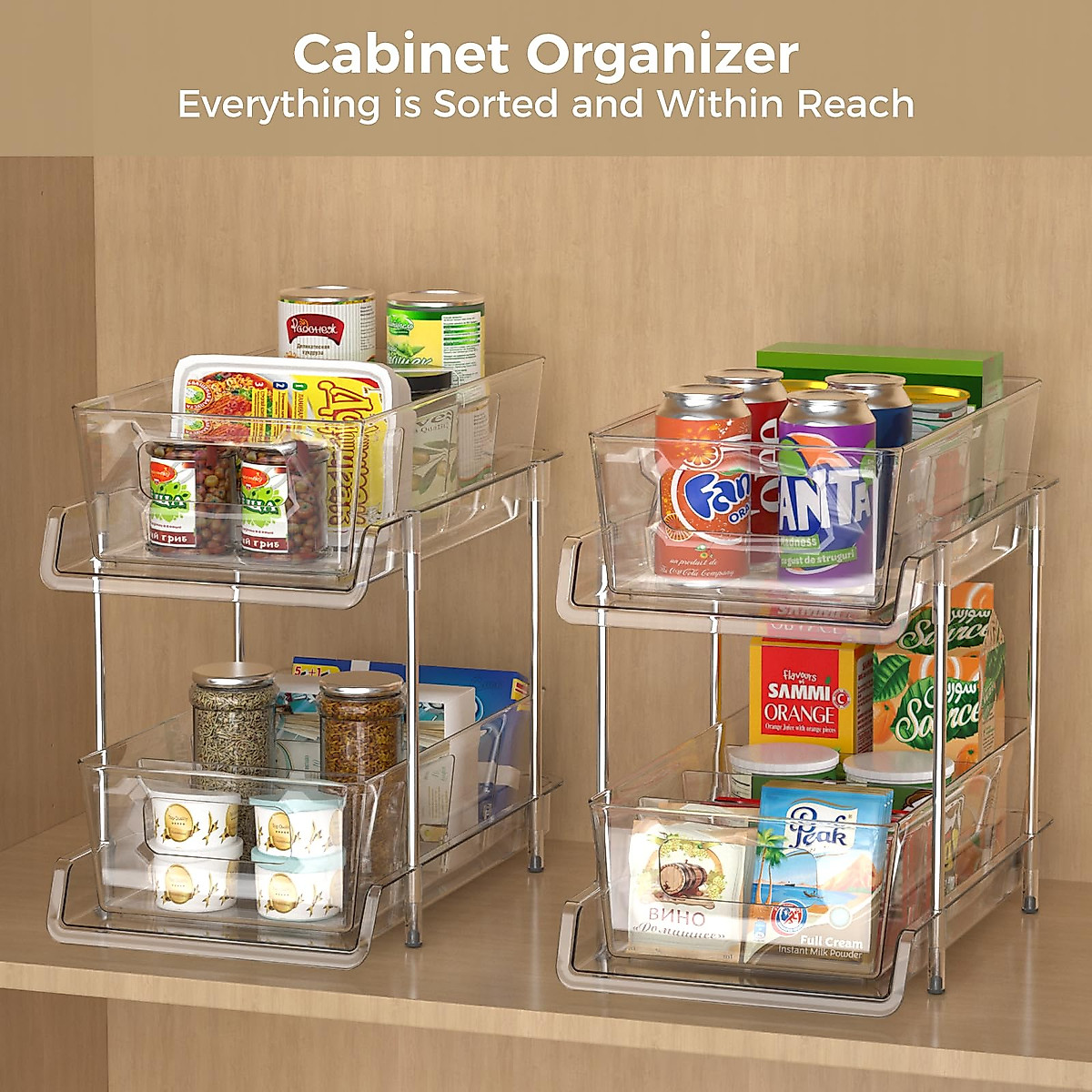 Delapuwea 2 Tier Clear Organizer with Dividers, Multi-Purpose Pull Out Cabinet Organizer, Bathroom Vanity Counter Drawer Organizers, Under Sink Organizer, Kitchen Pantry Cabinet Medicine Bins, 2 Set
