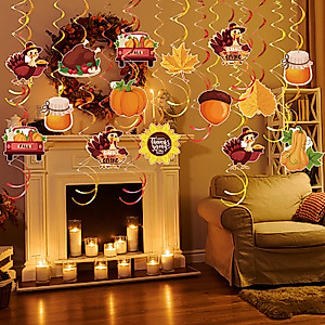 DERAYEE 30Pcs Thanksgiving Party Hanging Decorations, Thansgiving Hanging Swirls Maple Leaves Turkey Pumpkin Foil Ceiling Swirls for Home Office Classroom Autumn Harvest Decor