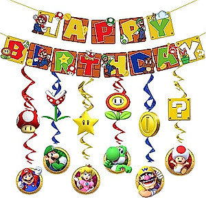 Mario Birthday Party Supplies, Mario Happy Birthday Themed Party Banner with 12 Hanging Swirls for Kids Boys Girls Birthday Baby Shower Mario Party Decorations