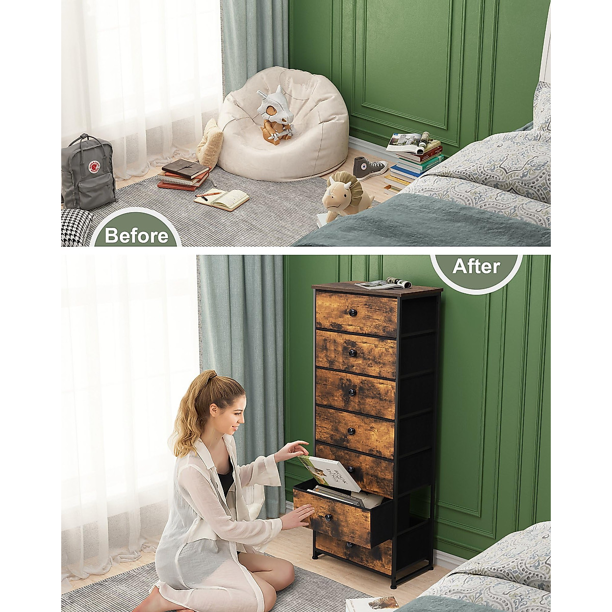 Crestlive Products Tall Dresser, 7-Drawer Fabric Storage Tower, Chests of Drawers - Vertical Organizer Unit for Bedroom, Hallway, Entryway, Nursery, Closets -Wood Top & Handles (Rustic Brown)