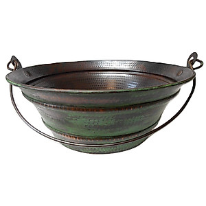 SimplyCopper 15" Round Vintage Look Copper Bucket Vessel Sink with GREEN Patina with Drain and 13" ORB Clayborne Vessel Filler Faucet