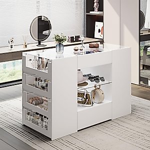 LIVAUVEAD Closet Island with Drawers, Wardrobe Armoire Bedroom Island, Glass Display Shelf & 12 Drawers, White Dresser with Glass Top, Walk-in Closet Island for Bedroom, Cloakroom