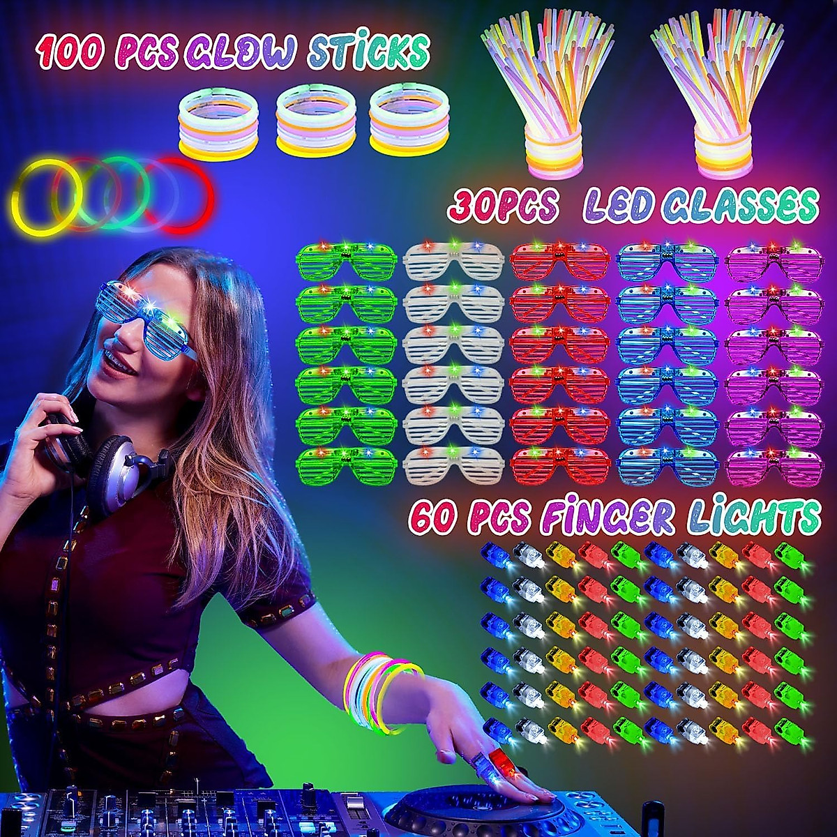 HHJ 190 PCS Glow in The Dark Party Supplies Glow Sticks Bulk Party Pack with 100 Glow Sticks 30 Led Glasses 60 Finger Lights Glow Party Favors for Kid Adult Birthday Wedding Concert 4th of July