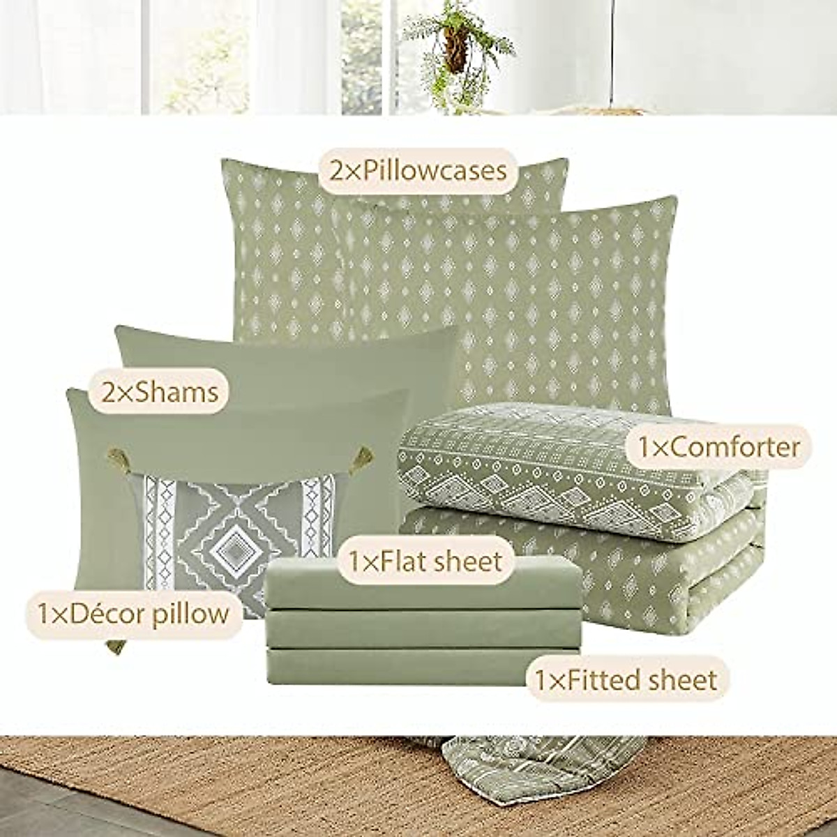 Geniospin Full Comforter Set, Olive Green Boho Aztec Comforter Set 8 Pieces, All Season Reversible Bed in A Bag, Soft Microfiber Fill Bedding, Lightweight, Warm and Breathable (Full, 80"x90")