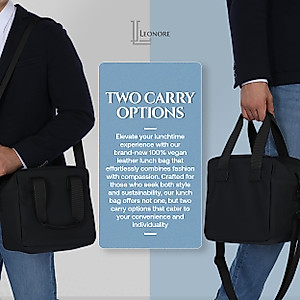 LEONORE Lunch Bag | Insulated Cooler for Work, College, Travel | Large Reusable Lunchbox for Men & Women | Vegan Leather Designer Tote (Matte Black)