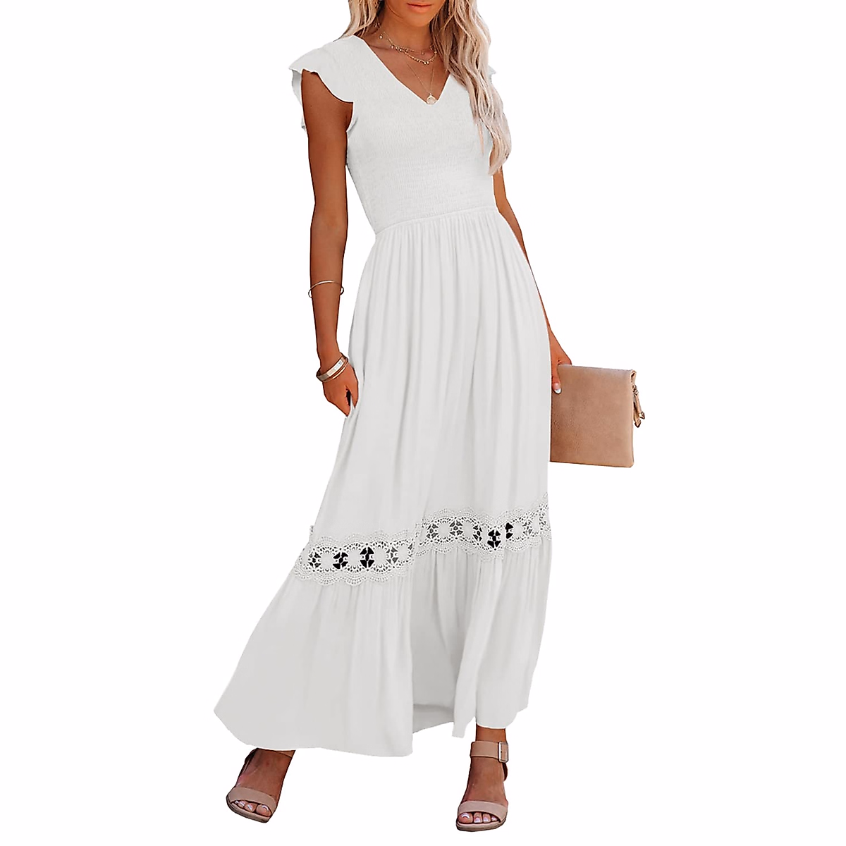 Ferlema Womens Summer Boho V Neck Sleeveless Solid Color Crochet Hem Ruffle A Line Beach Long Maxi Dress White Medium