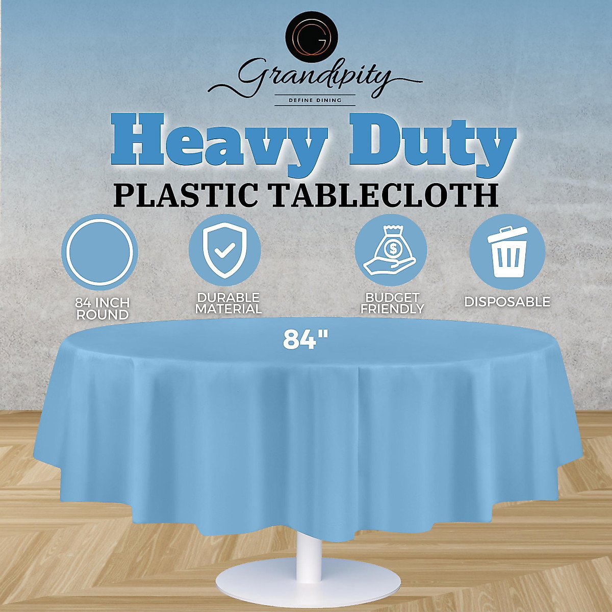 Grandipity 12 Pack Premium Disposable Plastic Tablecloth 84" Inch Decorative Round Table Cover - Sky Blue