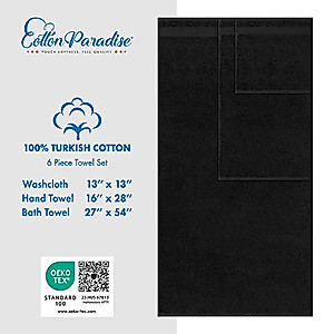 Cotton Paradise 6 Piece Towel Set, 100% Turkish Cotton Soft Absorbent Towels for Bathroom, 2 Bath Towels 2 Hand Towels 2 Washcloths, Black Towel Set