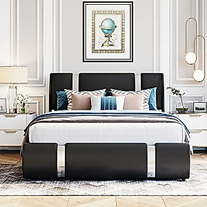 Full Size Upholstered Platform Bed, Modern Platform Bed with Faux Leather Headboard and a Hydraulic Storage System, No Box Spring Needed (Black)