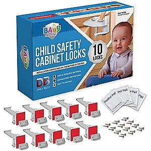 Cabinet Locks for Babies - Child Safety Latches 10 Pack - Invisible Adhesive Baby Proofing Drawer Locks - Works with Most Cabinets and Drawers - No Drilling Installation - (White)