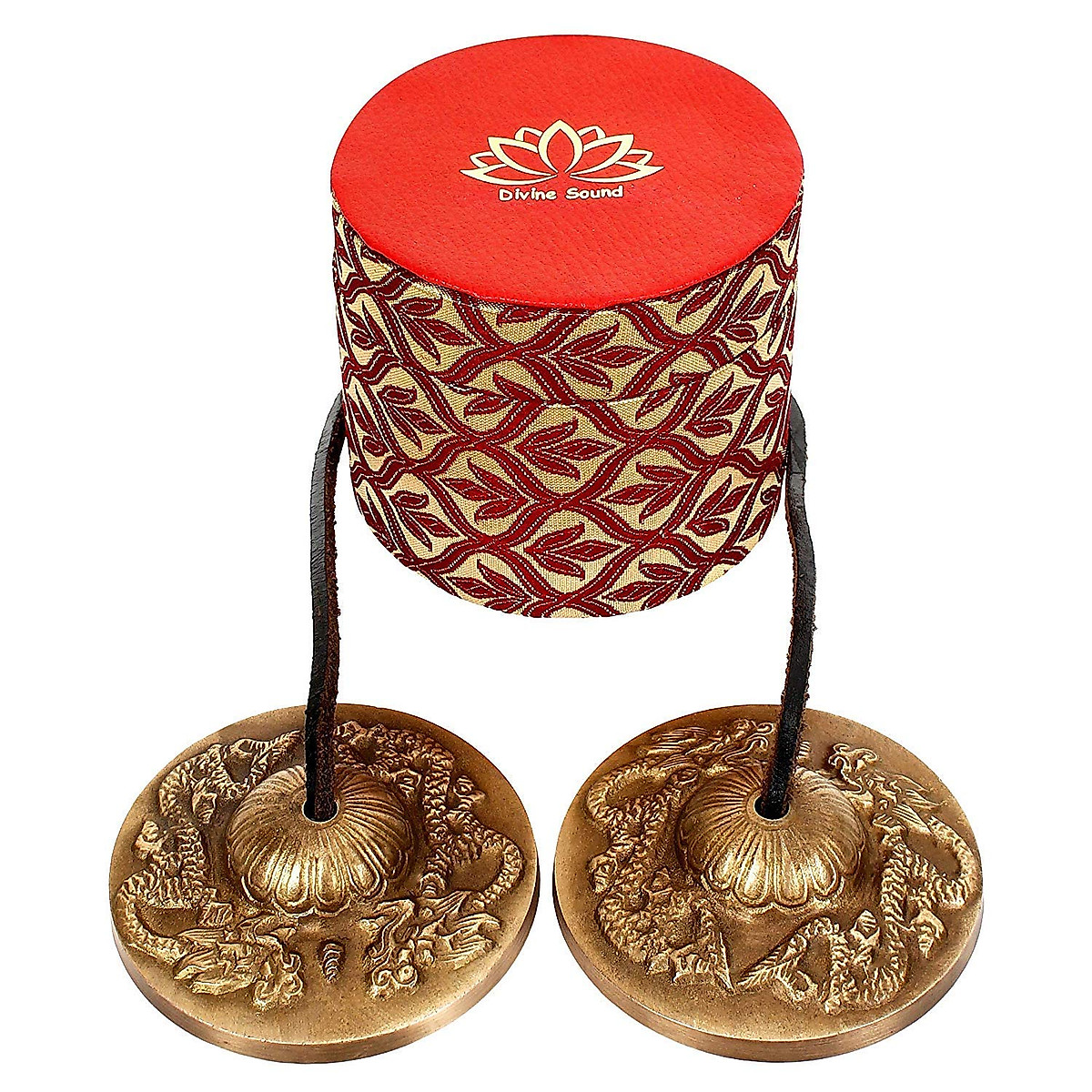 Grehge DRAGON Symbol Mantra engraved Manjira Tingsha Cymbals-Beautiful Gift Box for Meditation,Pray,Yoga,Sound healing, 7.5cm / 3" Tingsha Bell joined by Leather Strap