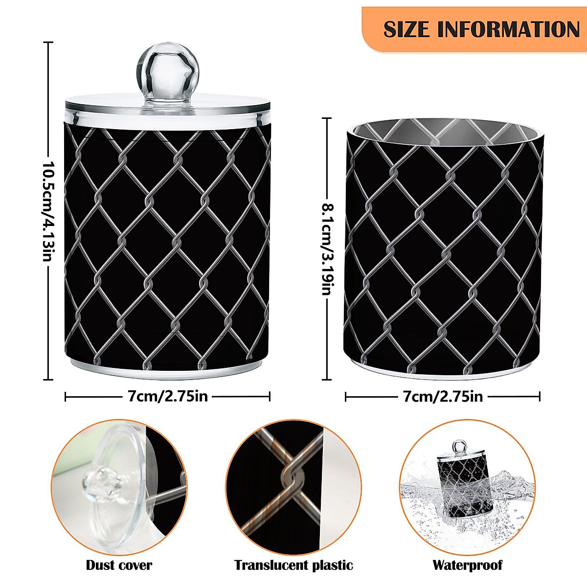 2 PACK Black Mesh Qtip Holder Dispenser for Cotton Ball, Cotton Swab, Cotton Round Pads, Floss Picks - Plastic Apothecary Jar Set for Bathroom Canister Storage Organization