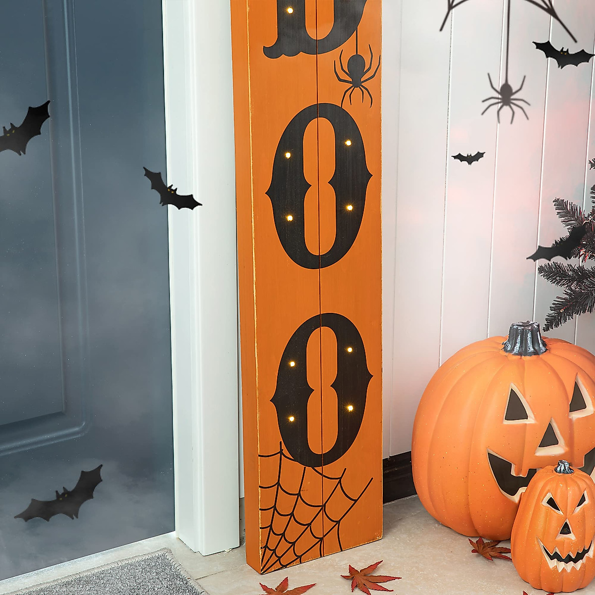 Glitzhome 42" H Halloween Porch Board Sign with Timer 6 Hours On /18 Hours Off, Lighted Halloween "BOO" Hang Sign or Lean Against Wall Standing Sign, 12 LED Lights Wood Plaques for Outdoor Decor