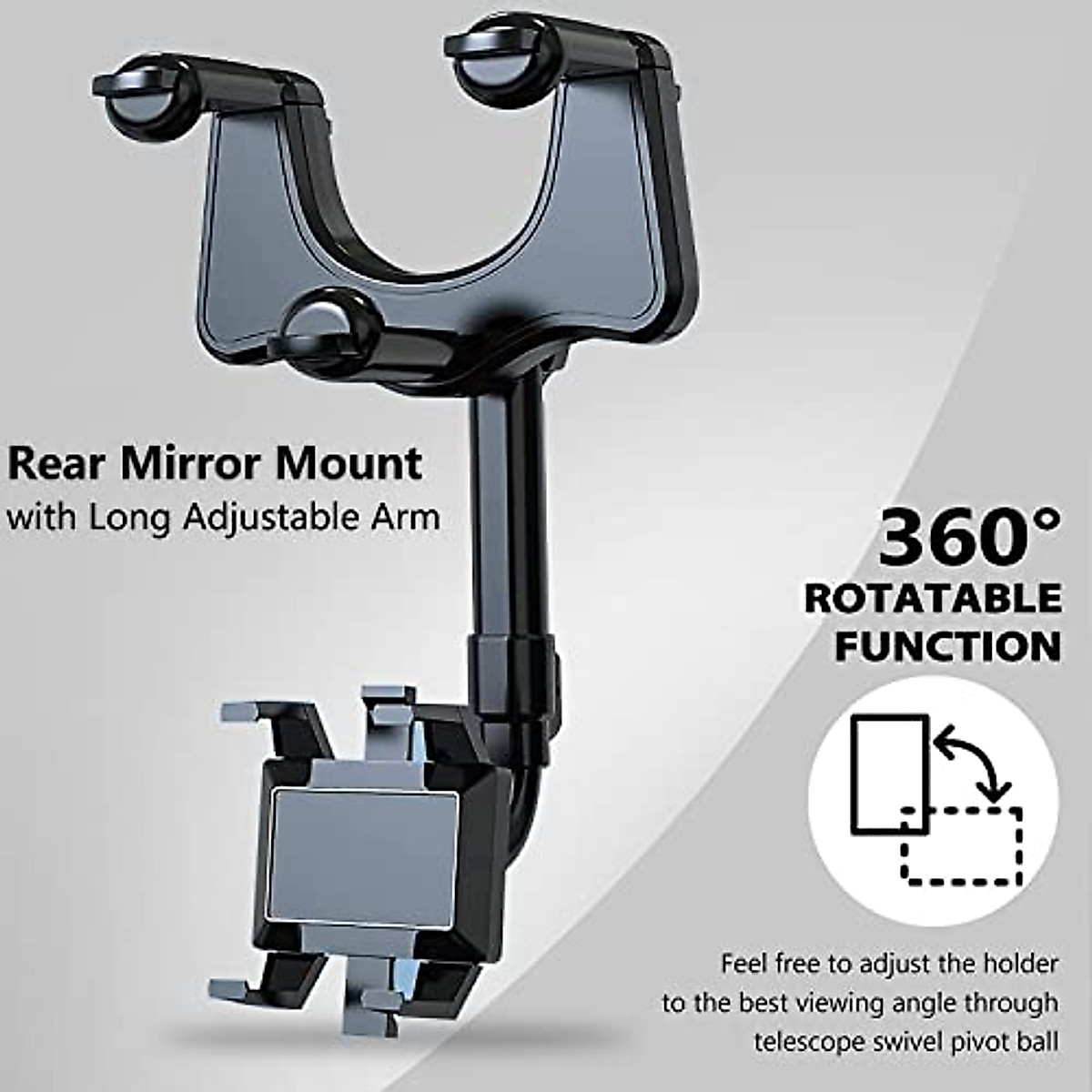PKYAA Rearview Mirror Phone Holder for Car, 360° Rotating Rear View Mirror Phone Mount with Adjustable Arm Length, Multifunctional Phone and GPS Holder Universal Car Phone Holder for All Smartphones