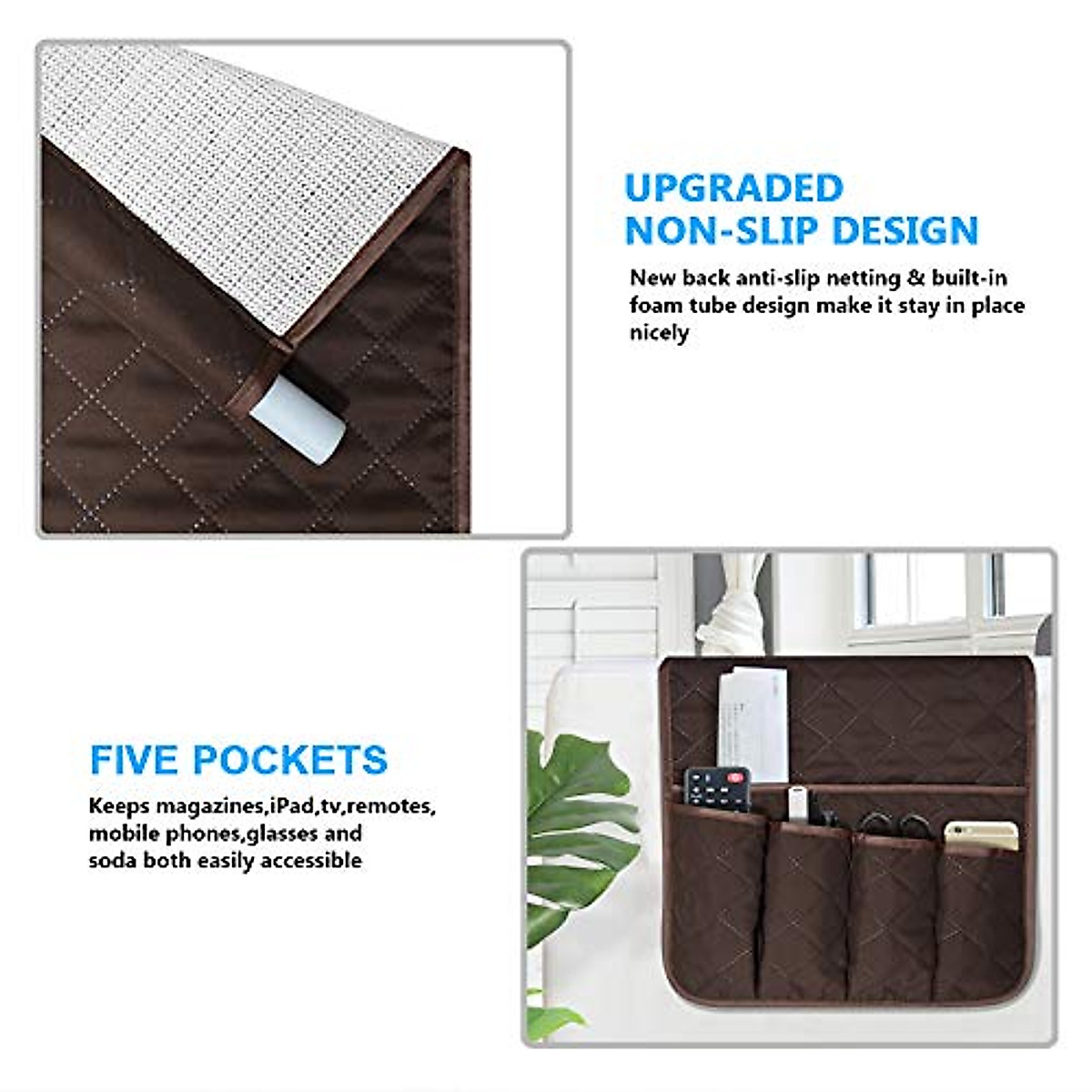 WubbaLubba Sofa Armrest Organizer Non-Slip Arm Chair Bedside Caddy Storage Organizer for Recliner Couch with 5 Pockets for Cell Phone TV Remote Control Magazines(Coffee)