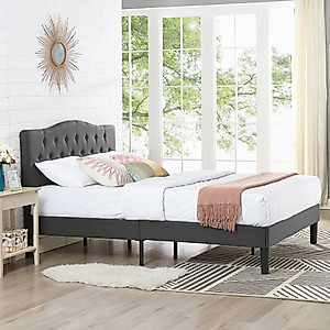 VECELO Full Size Upholstered Platform Bed Classic Diamond Stitched Cloth Panel Headboard/Mattress Foundation/Easy Assembly/Strong Slat Support,Dark Grey